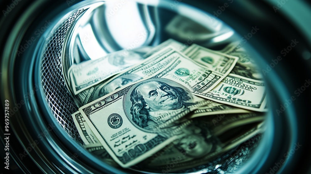 Dollar bills inside a washing machine drum, highlighting an unusual and shocking sight of money ...