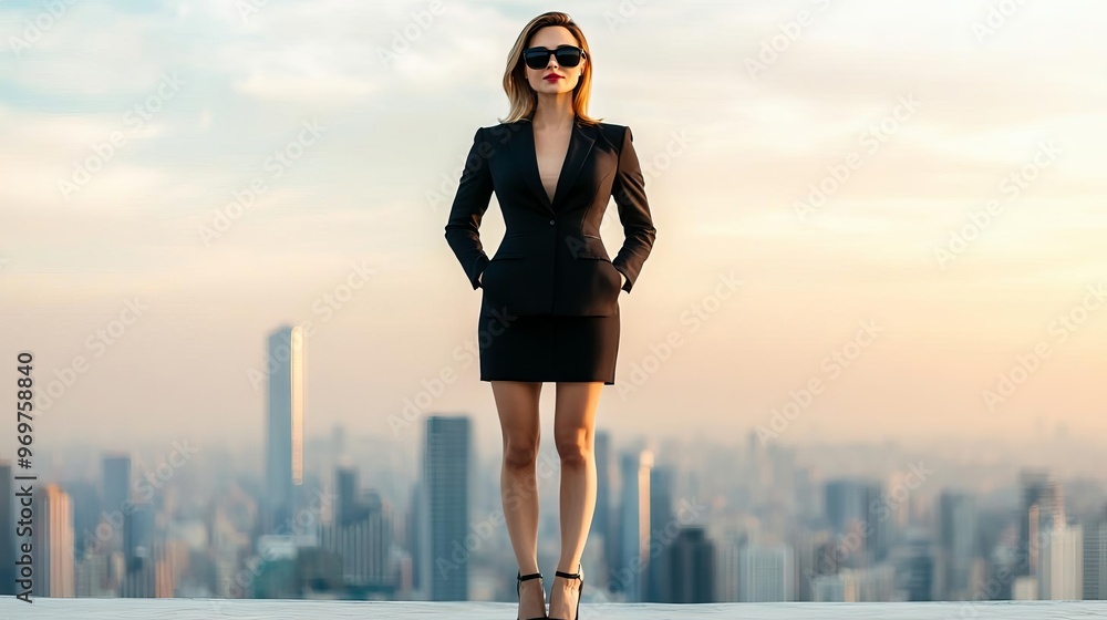 Executive woman in high heels, standing on a skyscraper rooftop ...