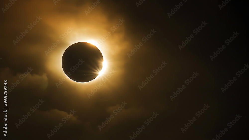A total solar eclipse with the sun's corona glowing around the darkened ...