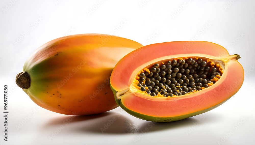 Whole and halved pawpaw fruit isolated on a clean white background ...