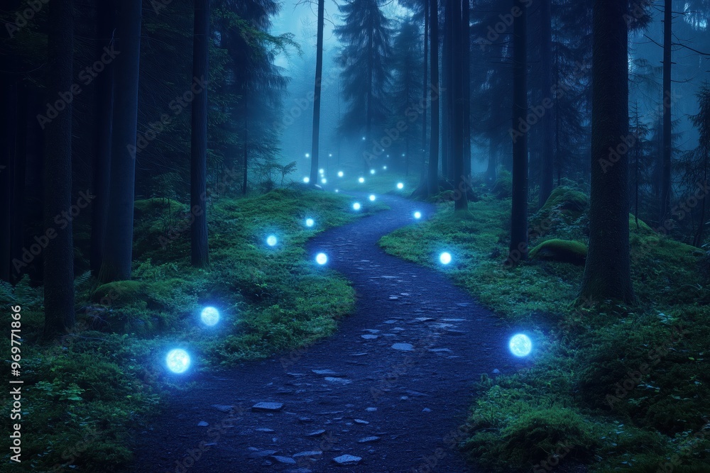 Enchanted Forest Path: A winding path through a mystical forest, illuminated by a string of ...