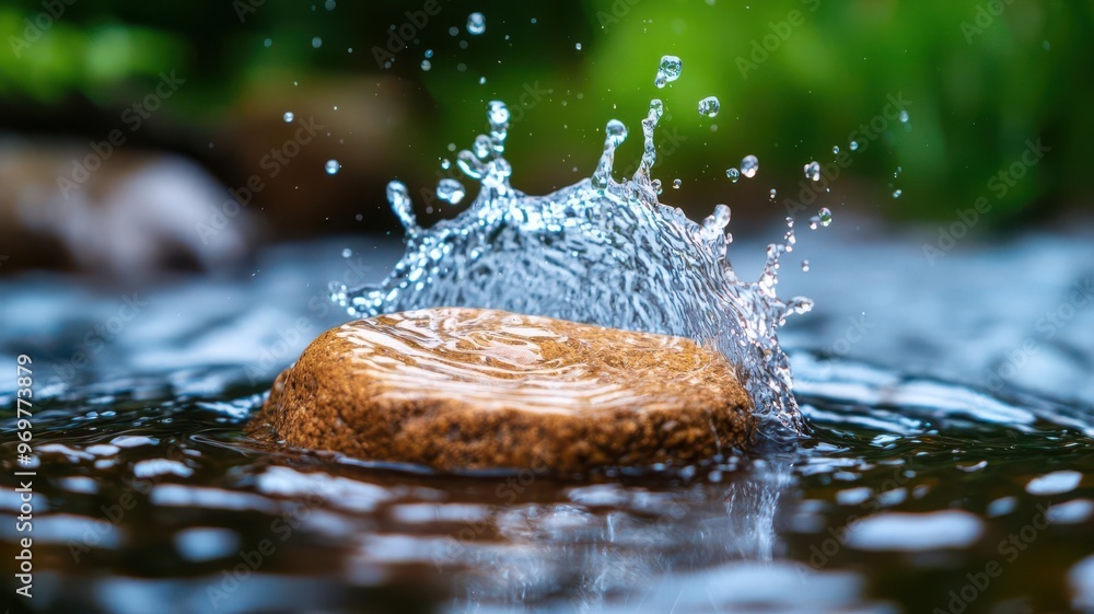 Water splashing around a submerged rock in a stream, creating a natural ...