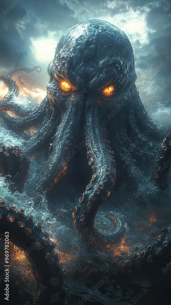 colossal cthulhu emerging from turbulent stormy seas tentacles writhing ...