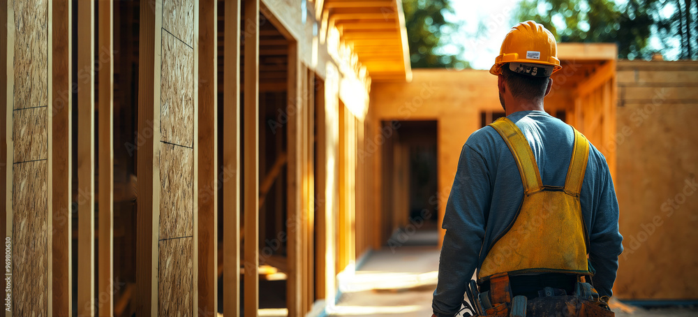 Construction worker wearing hard hat and yellow safety harness is seen ...