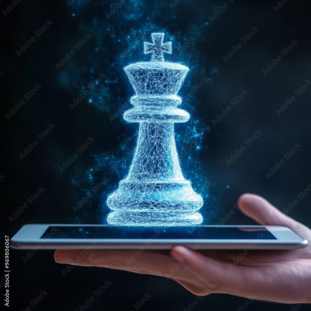 blue strategy chess piece icon emerging from a digital tablet ...