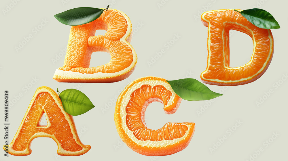 3D letter 'ABCD' designed as a mandarin segment. The letter should be ...