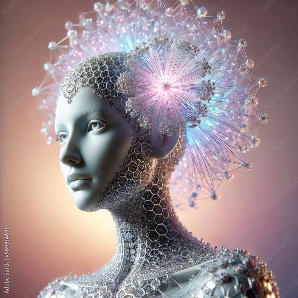 Artistic digital rendering of an AI-inspired humanoid sculpture adorned ...