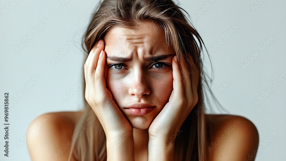 Joven mujer con cefalea intensa, cuadro migrañoso, las manos sobre la ...