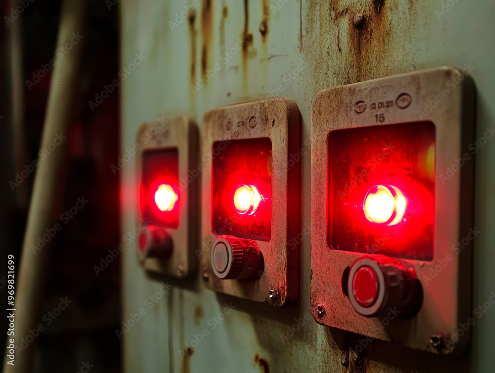 Industrial fire alarm test lights illuminate scene with striking red ...