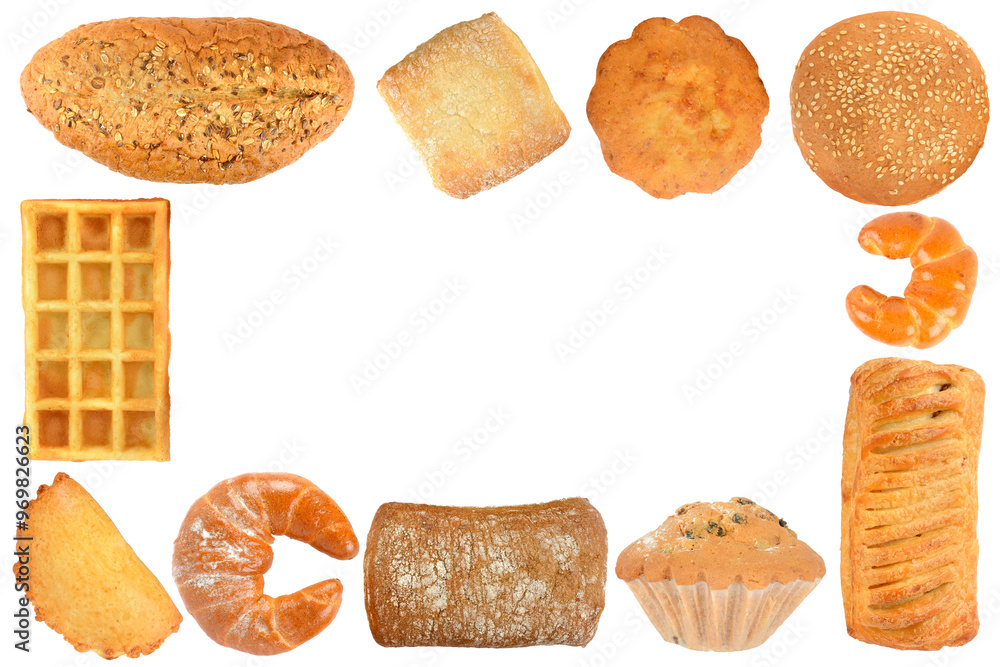 Frame of fresh, bright photos of bread products isolated on white Stock ...