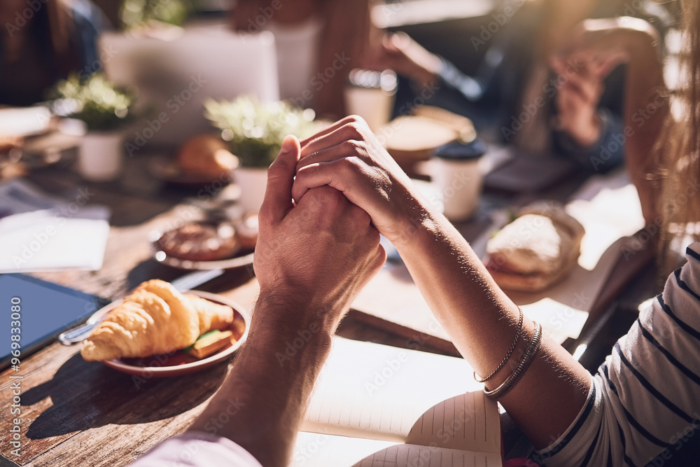 Holding hands, people and food with prayer outdoor for lunch ...