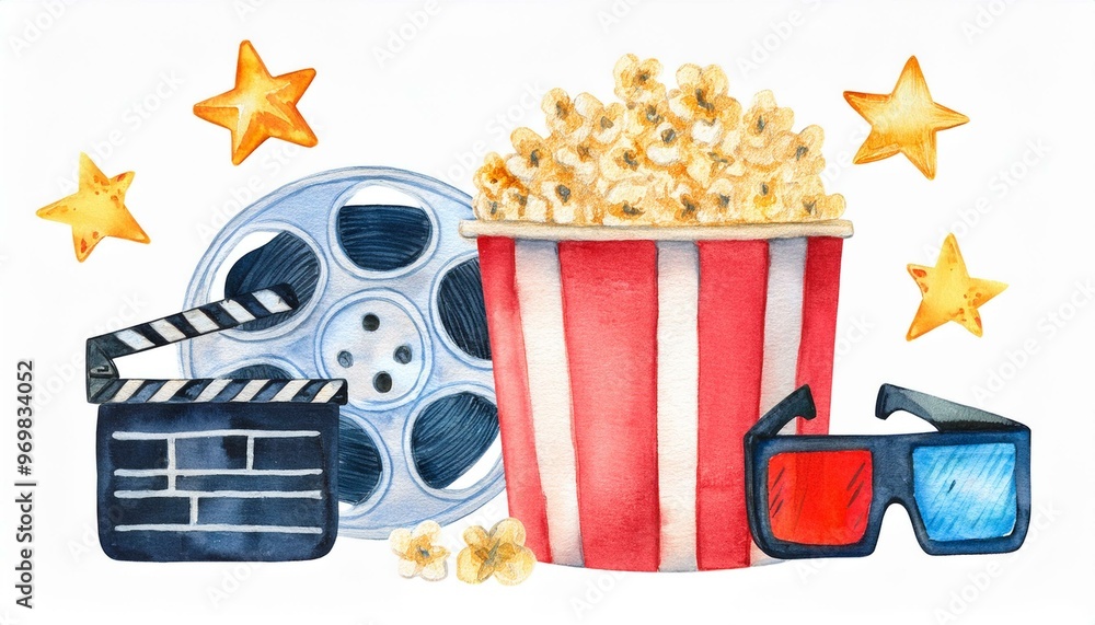 Watercolor hand painted Movie Night set. Cinematography, shooting ...