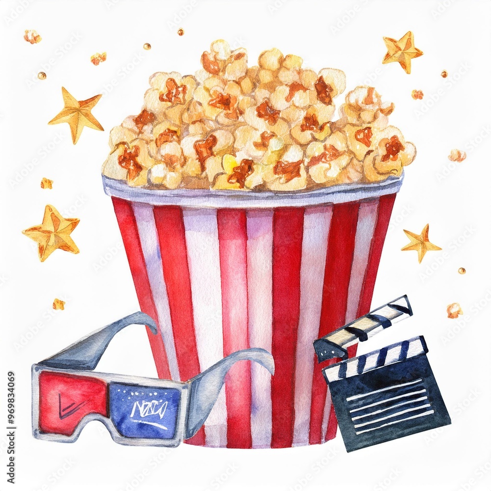 Watercolor hand painted Movie Night set. Cinematography, shooting ...