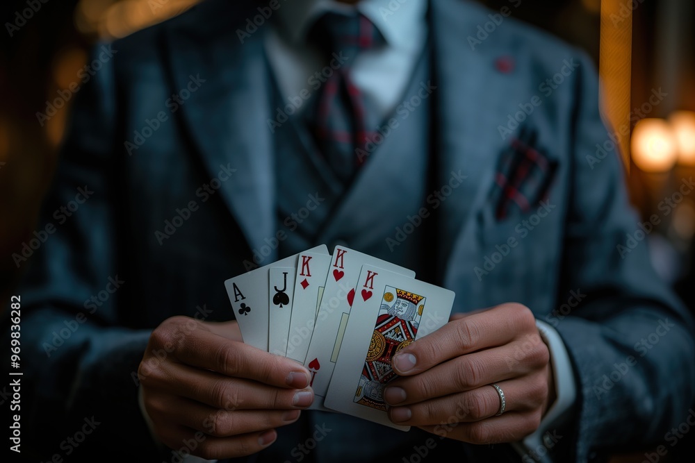 Magician in a tailored suit performing card tricks with playing cards ...