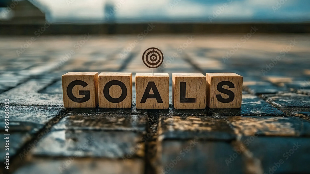 Wooden blocks spell out 'Goals' with a target symbol, representing ...