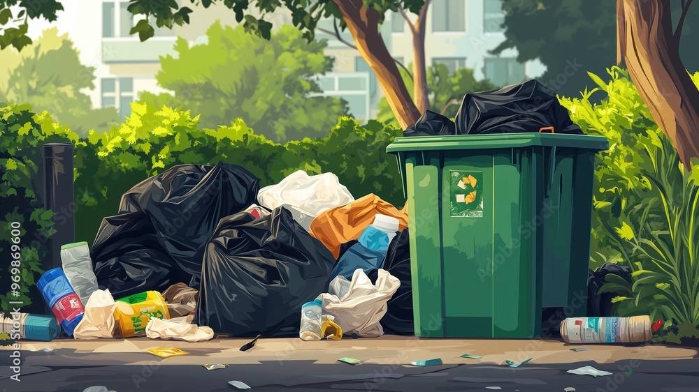 Full garbage bin and black plastic trash bags around. Overflowing ...