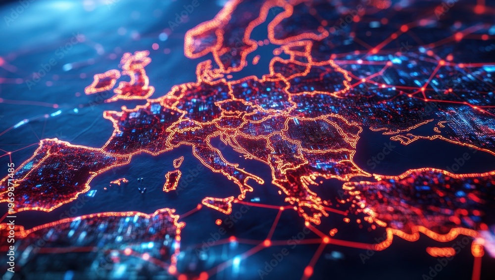 A map of Europe with glowing red and blue lines connecting cities ...