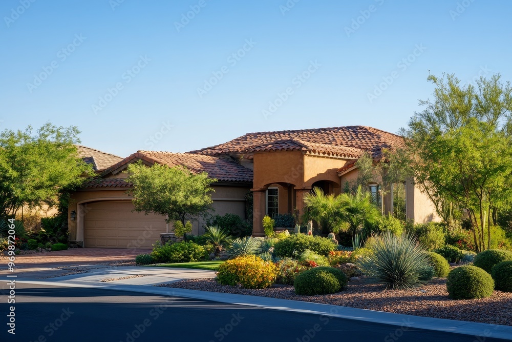 A beautiful, single-story home with a terracotta roof and stucco ...