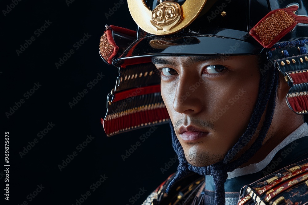 A close-up portrait of a Japanese samurai warrior, wearing traditional ...