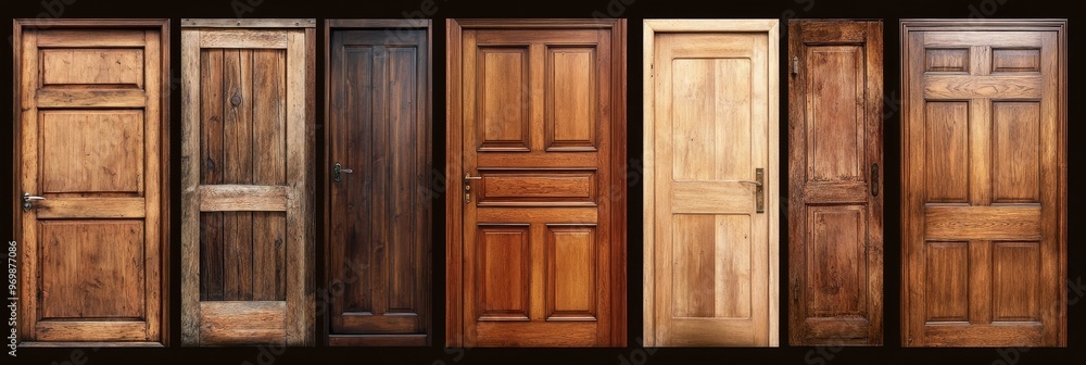 A collection of seven wooden doors, each with a unique design and ...