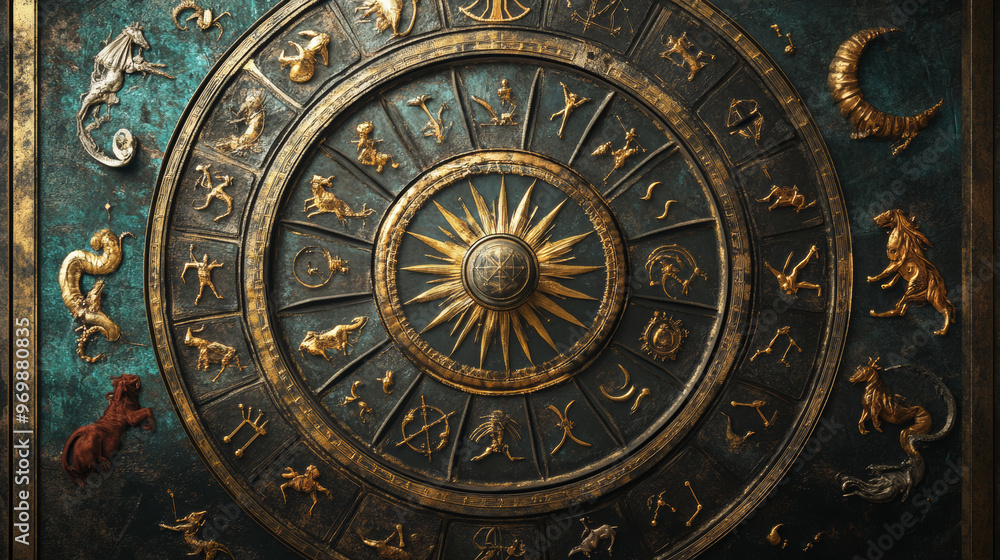 Depict a detailed astrological chart or wheel featuring all twelve ...