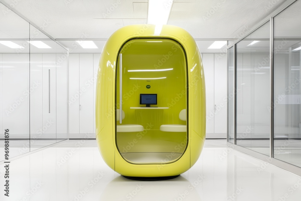 A modern, yellow office pod designed for collaboration and focus. The ...