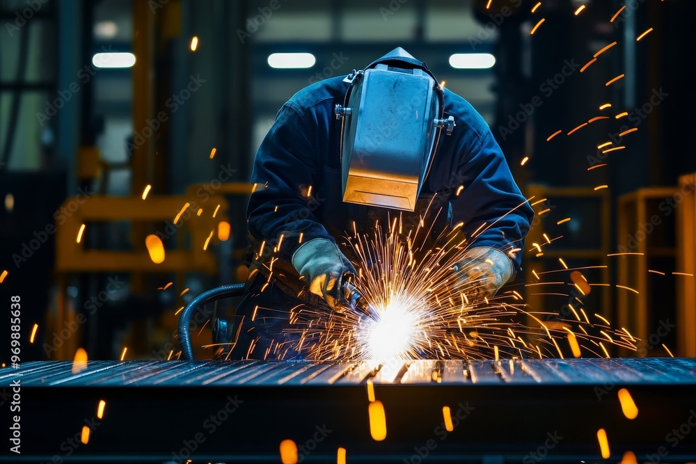A skilled welder in a factory setting is expertly welding a steel ...