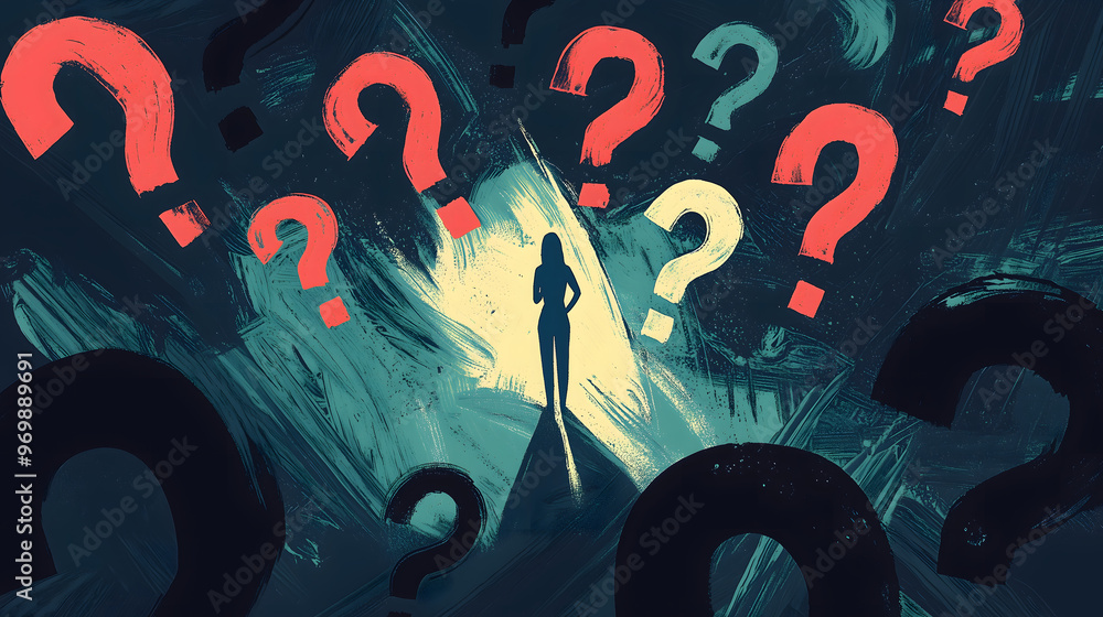 An illustration of a person standing at the center, surrounded by large ...