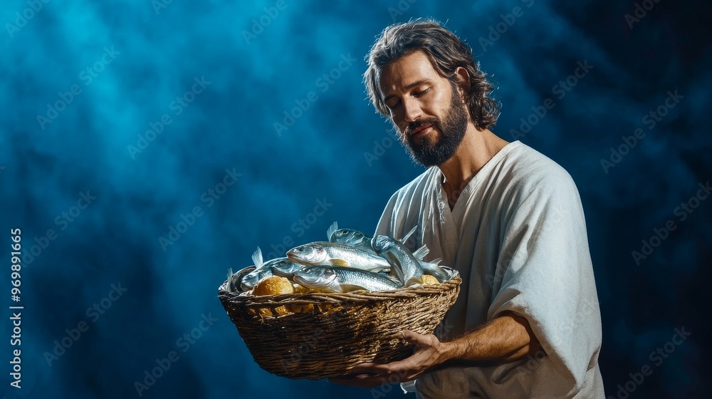 Jesus, depicted as a man with a beard, holds a woven basket overflowing ...