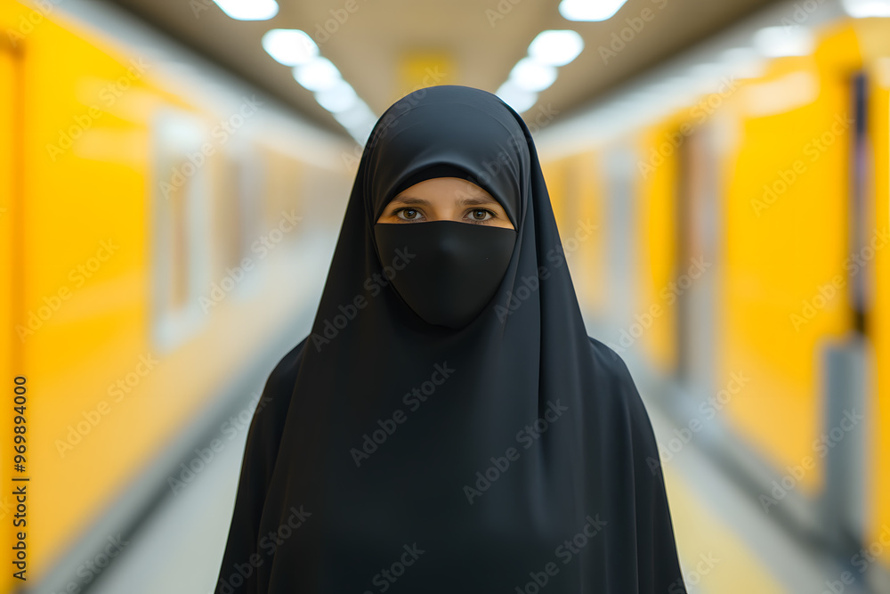 Conservative Muslim Woman in Niqab Traveling Through Metro, Public ...