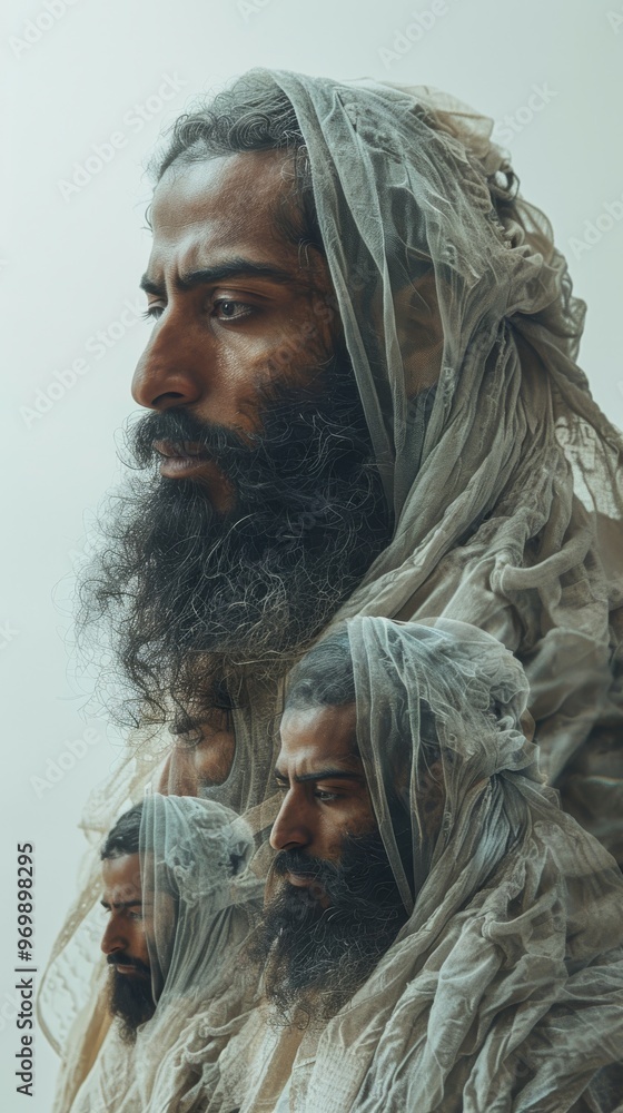 Multiple portraits of a man with a beard covered in a transparent veil ...