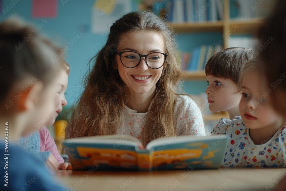 Happy teacher and children reading book together. Group of school kids ...