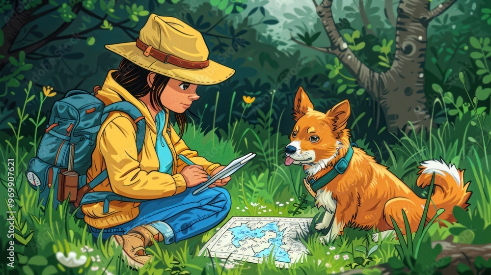 A female geologist wearing a hat, field clothes and a backpack studies ...