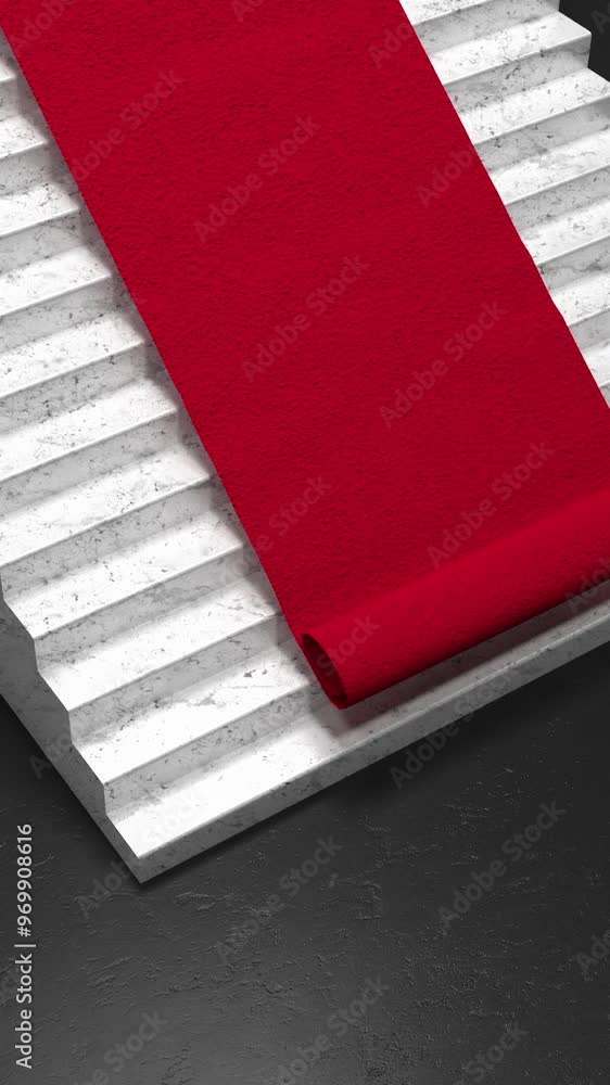 3D elegant red carpet unrolling on marble stairs and black floor. A red ...