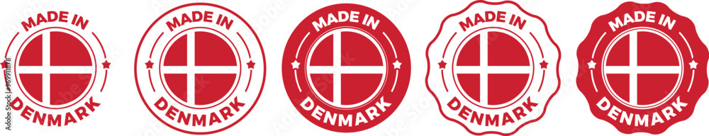 made in Denmark labels set, made in Kingdom of Denmark product emblem ...