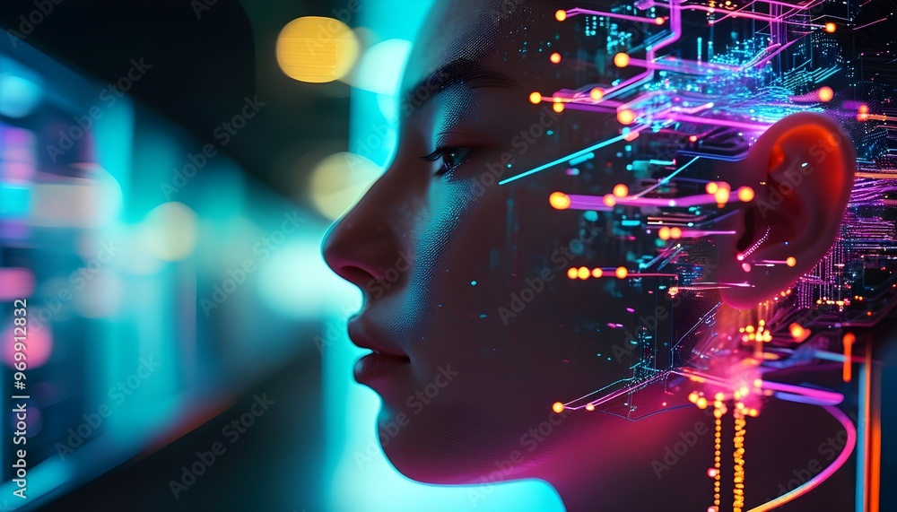 Neon-Illuminated Side Profile of Human Face Connected by Digital Nodes ...