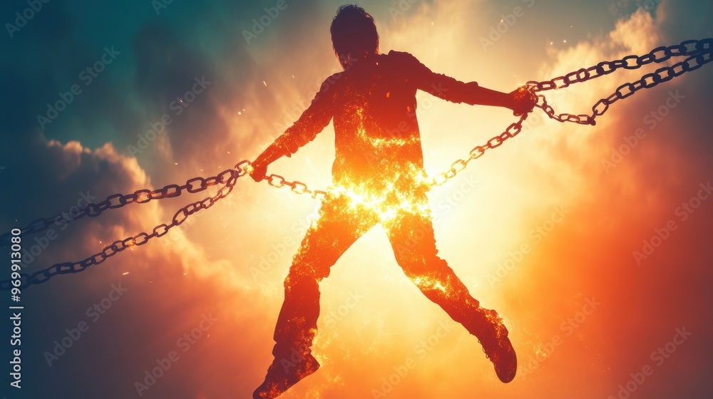 personal transformation, a freed individual breaks chains with a burst ...