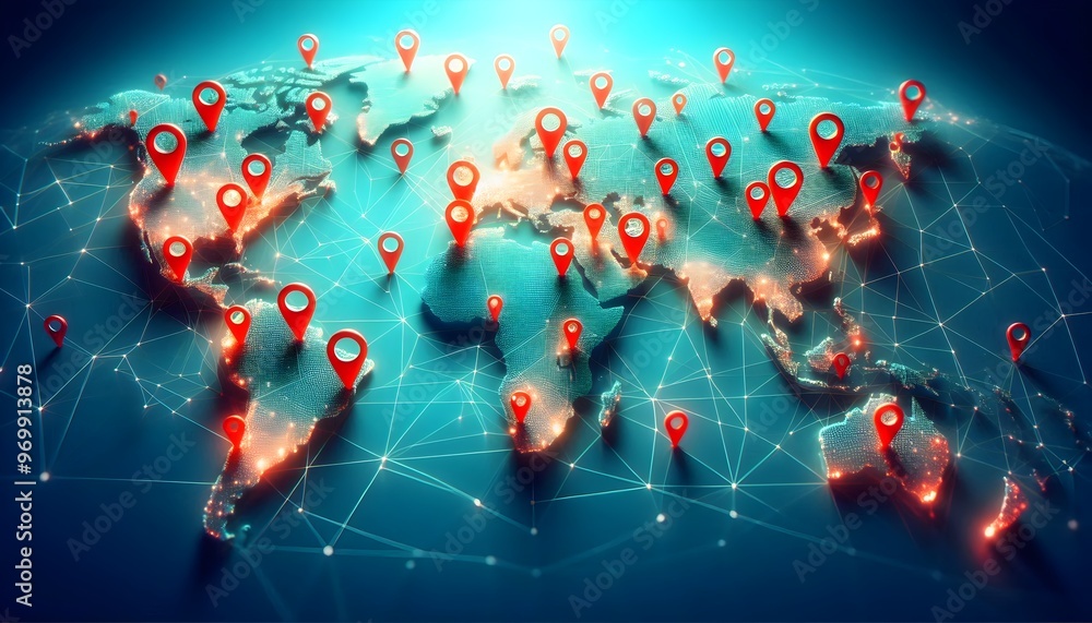 World Map Illustration with Pins and Connection Paths - Detailed Map ...