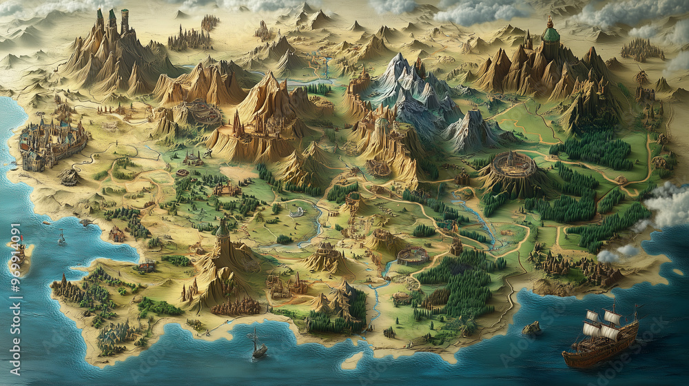 Detailed fantasy world map showcasing diverse landscapes, including ...