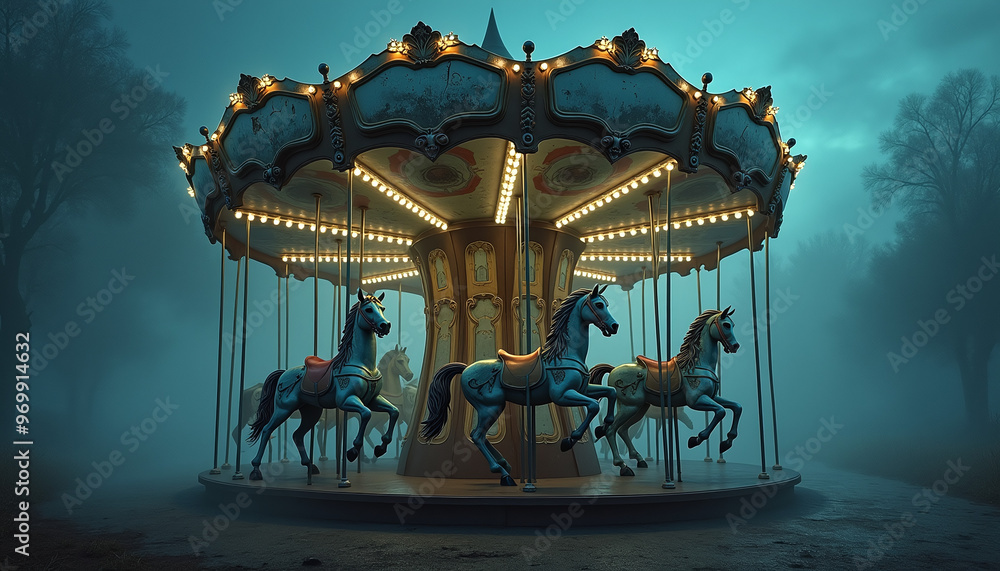 A haunted carousel with cracked and faded paint, eerie, ghostly horses ...