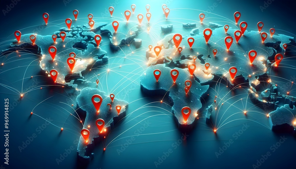 World Map Illustration with Pins and Connection Paths - Detailed Map ...
