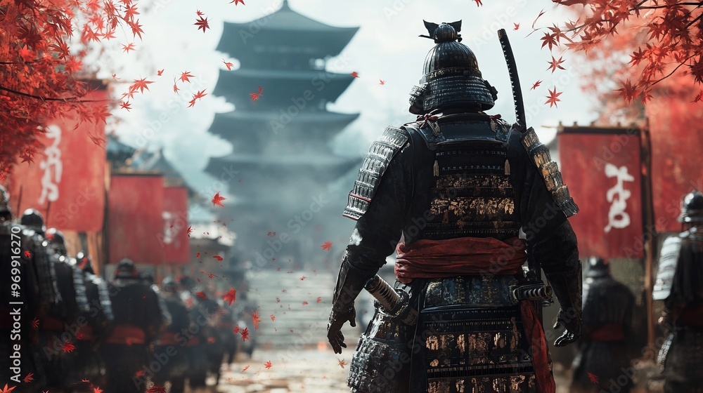 Rear view of a samurai warrior in armor walking towards a Japanese ...