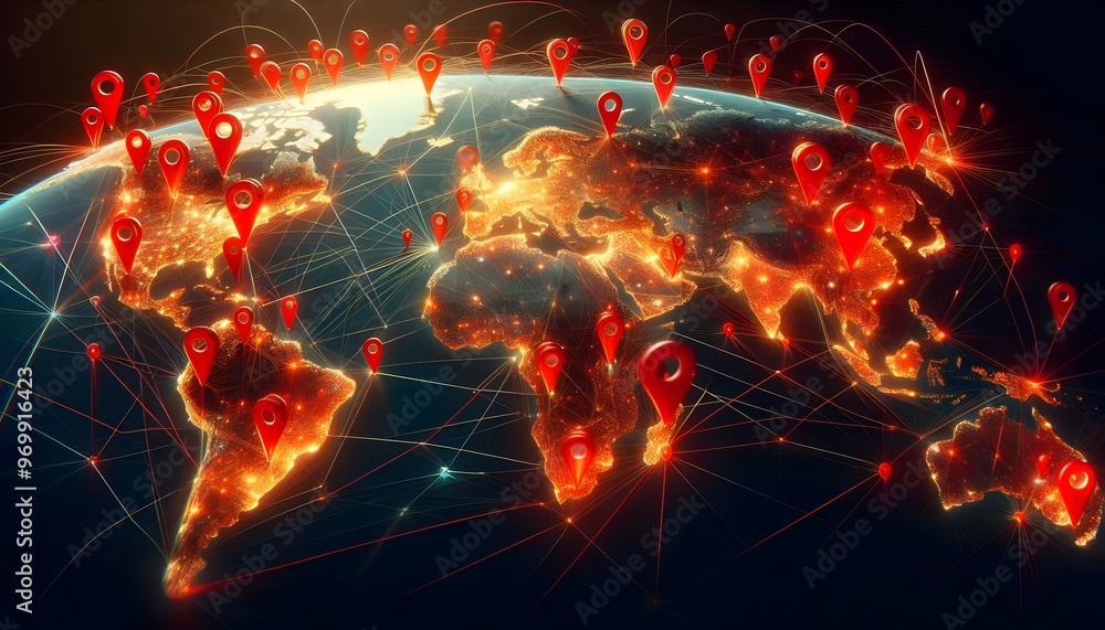 World Map Illustration with Pins and Connection Paths - Detailed Map ...
