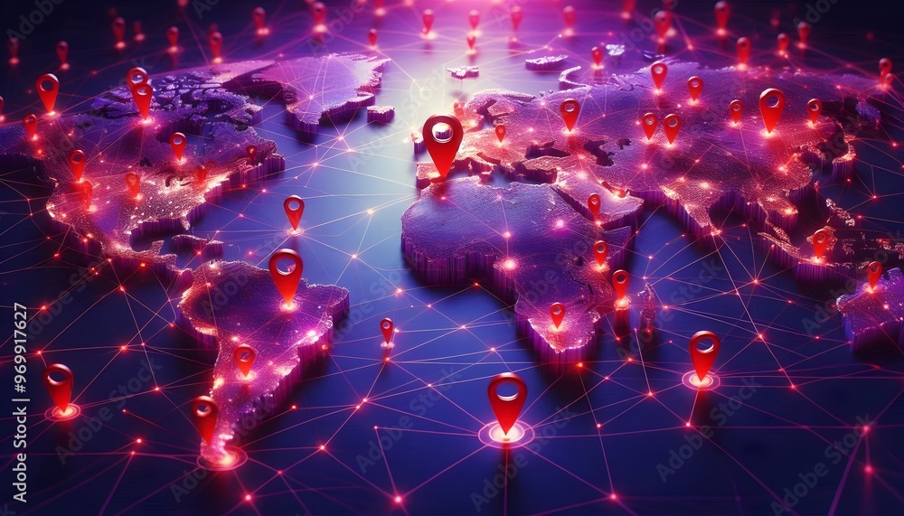 World Map Illustration with Pins and Connection Paths - Detailed Map ...