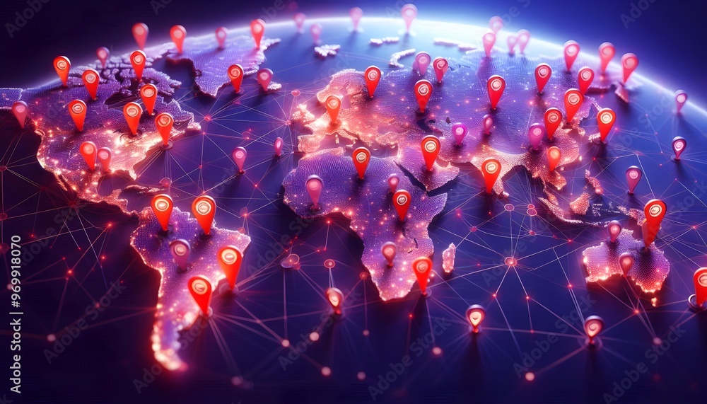 World Map Illustration with Pins and Connection Paths - Detailed Map ...