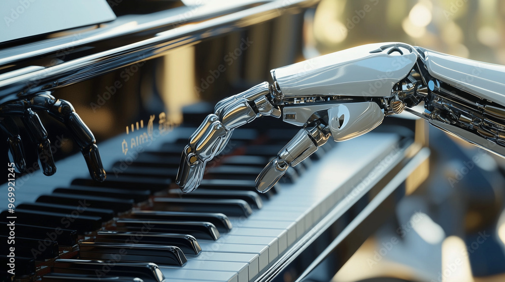 Robotic hand playing piano keys on a grand piano, showcasing advanced ...