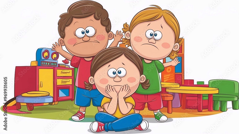 children are shy, in cartoon style, on a white background, the emotion ...