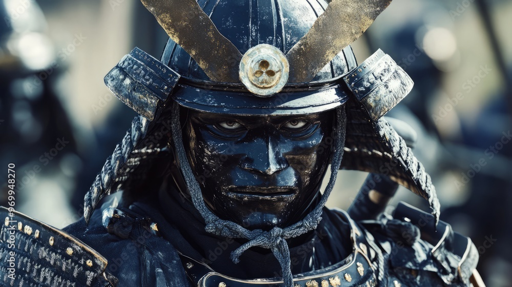 Portrait of a stoic samurai in full armor, showing determination and ...