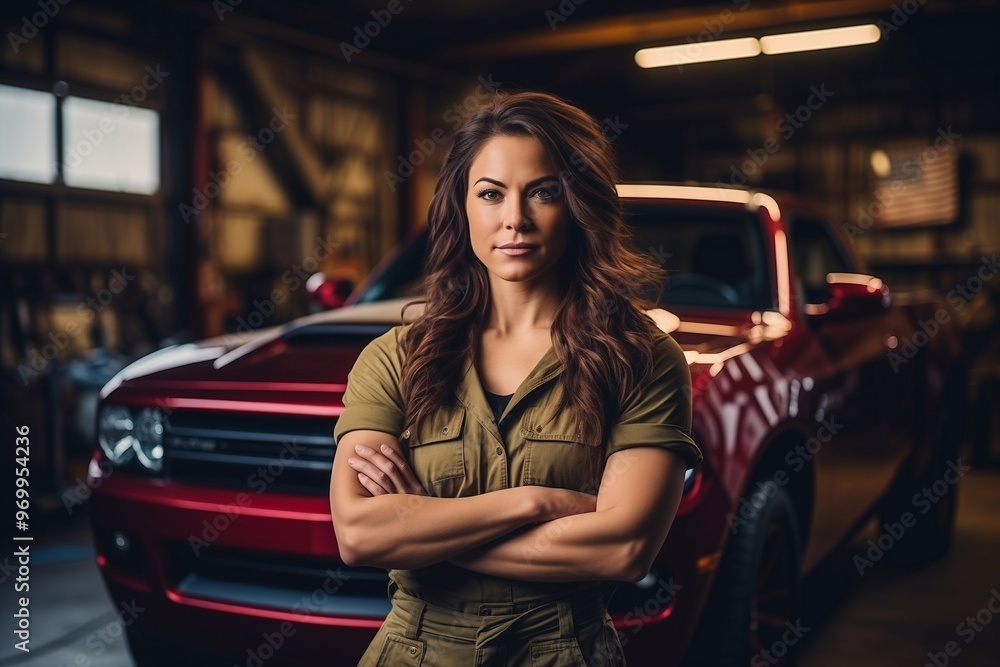 Confident woman mechanic in the garage with modified sport electric car ...