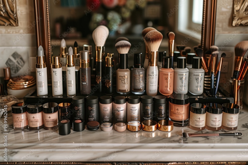 Organized makeup collection displayed on a vanity table, featuring a ...